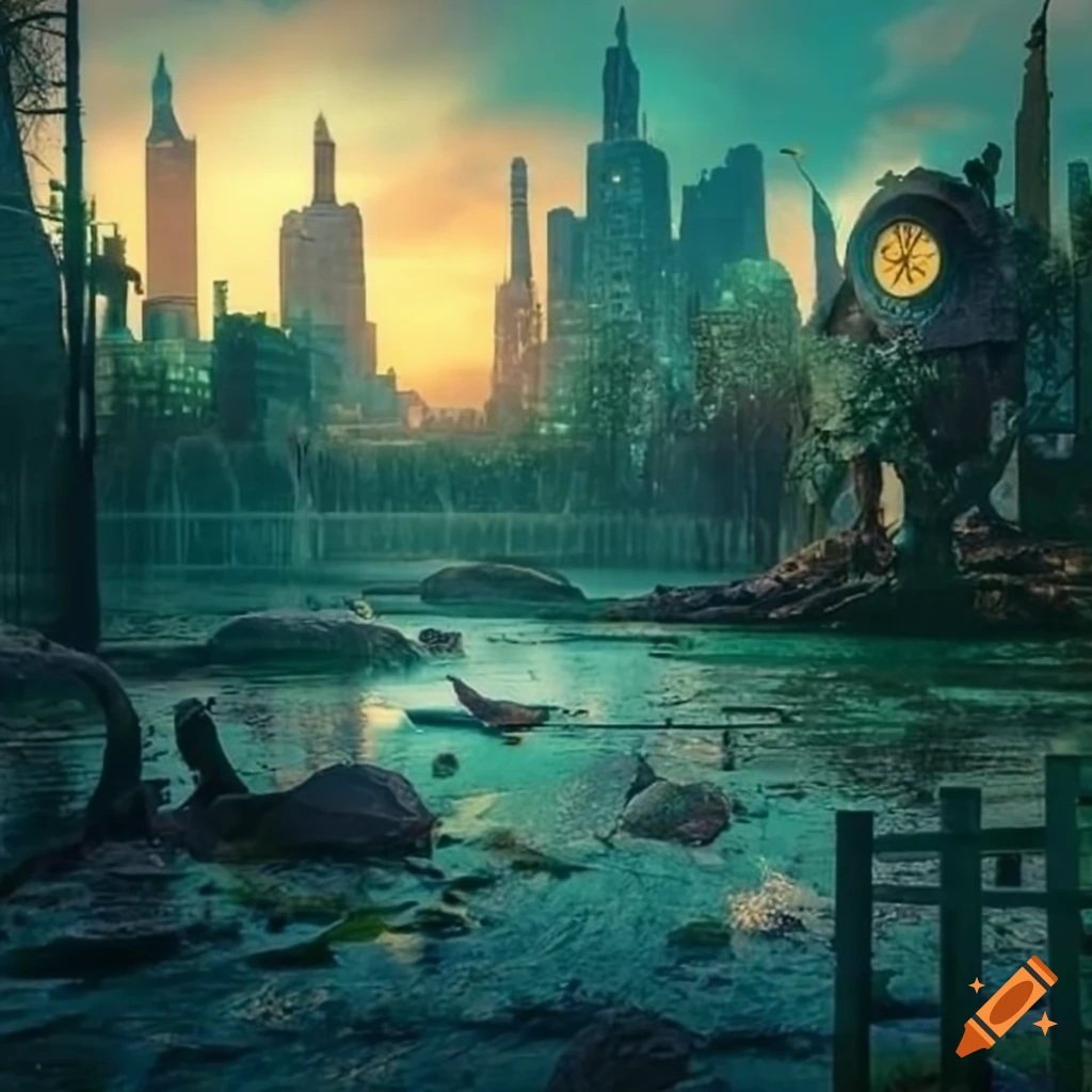 Surreal city park with a magical fountain and hybrid sculptures on Craiyon