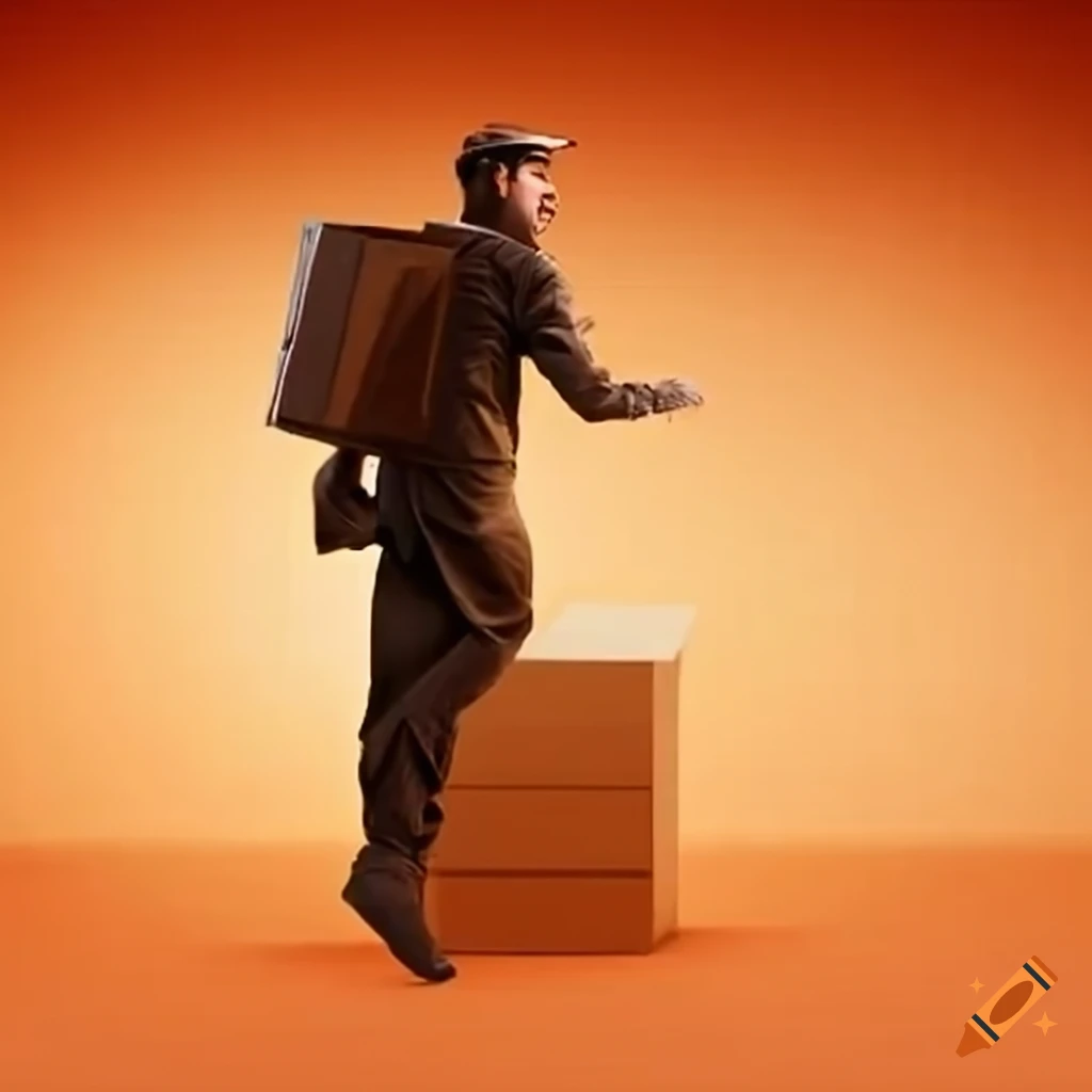 Humorous image of a UPS worker running in an office building on Craiyon