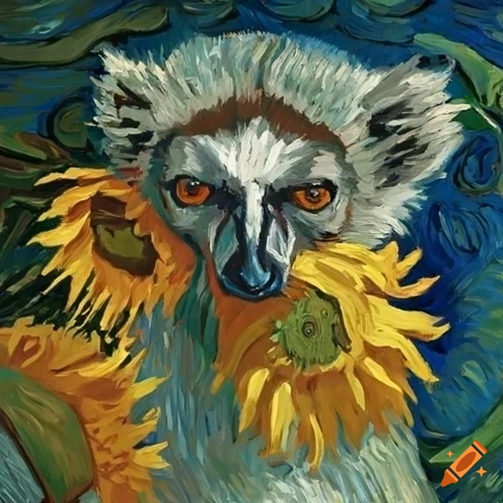 Van gogh's painting of a grumpy lemur with sunflowers on Craiyon
