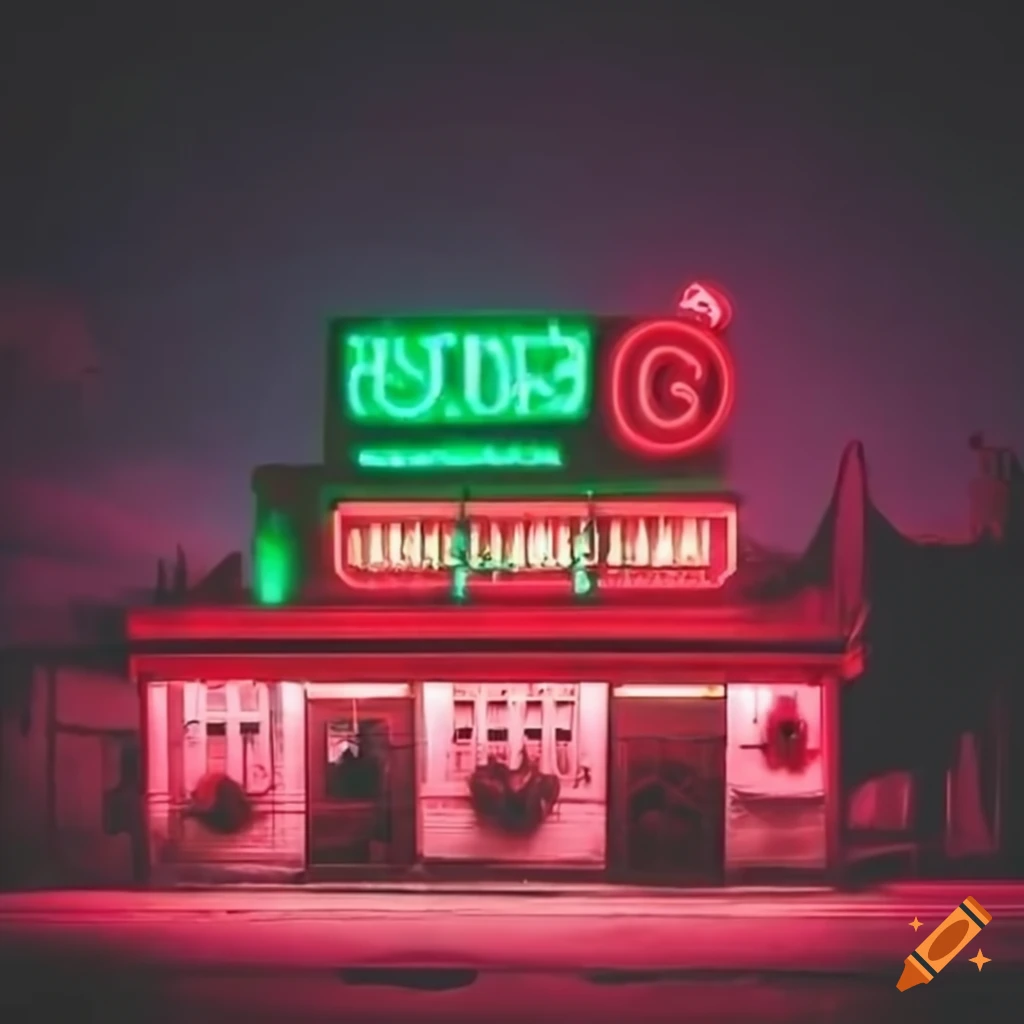 Neon signs outside a punk-themed diner on Craiyon