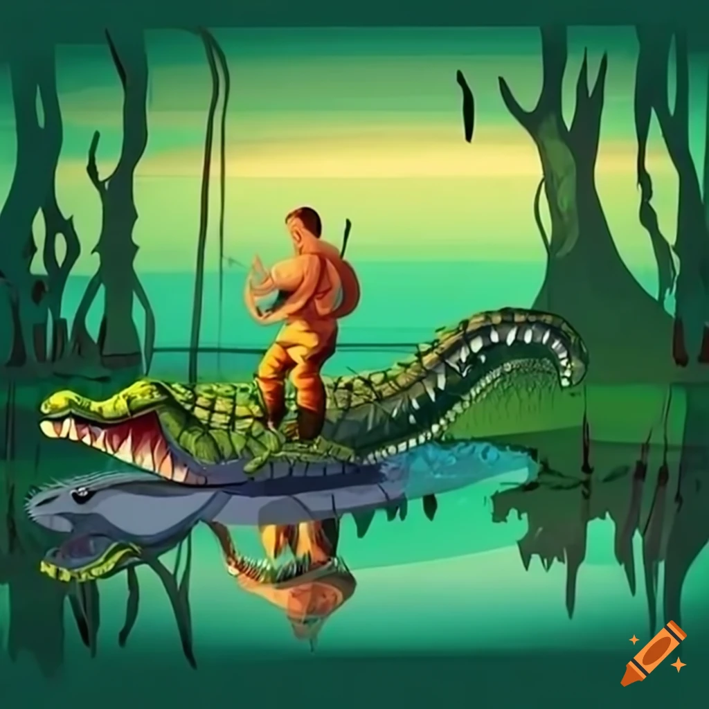 Image of a fisherman riding an alligator in a swamp on Craiyon
