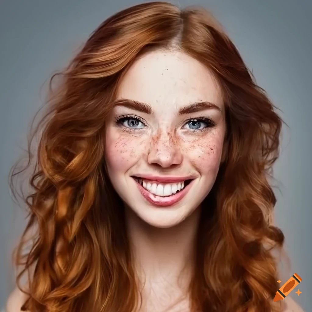 Portrait of a beautiful young woman with chestnut hair and freckles on ...