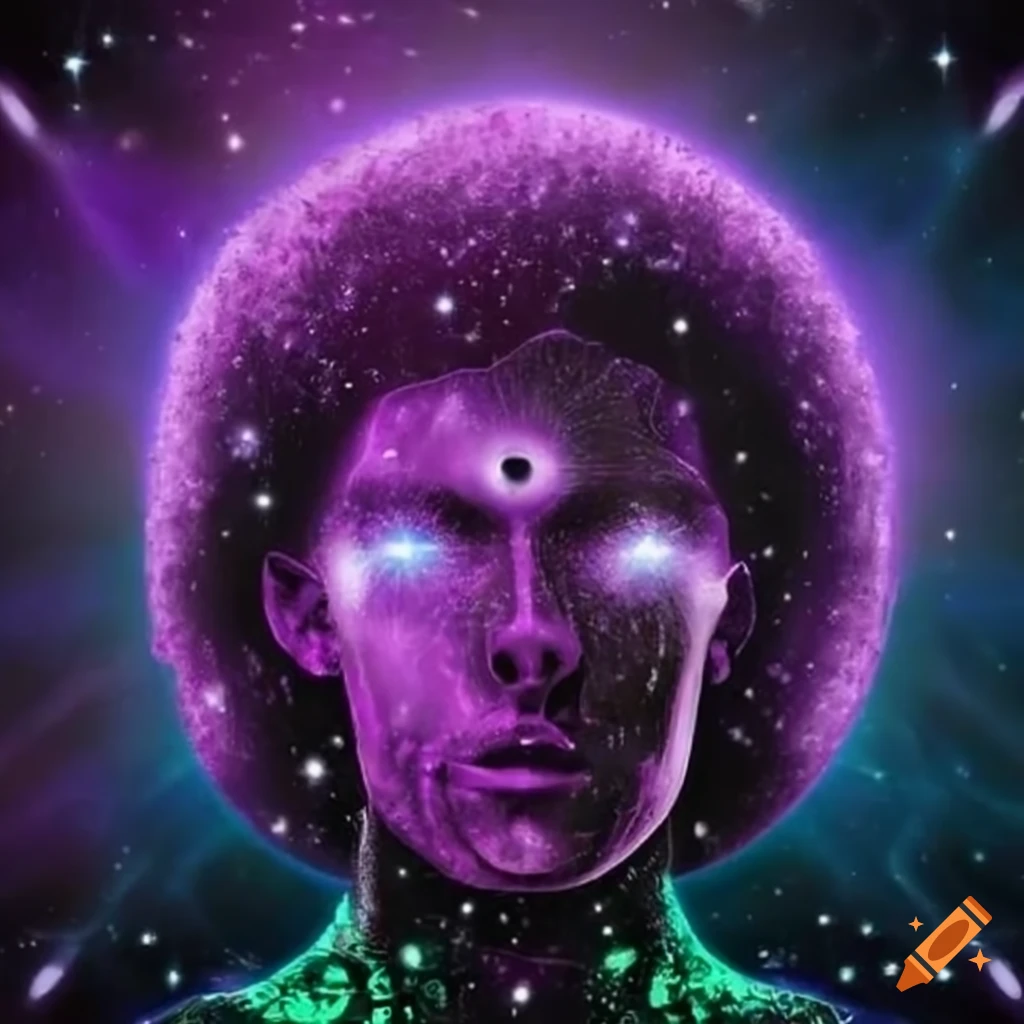 Illustration of a cosmic being with purple and black powers on Craiyon