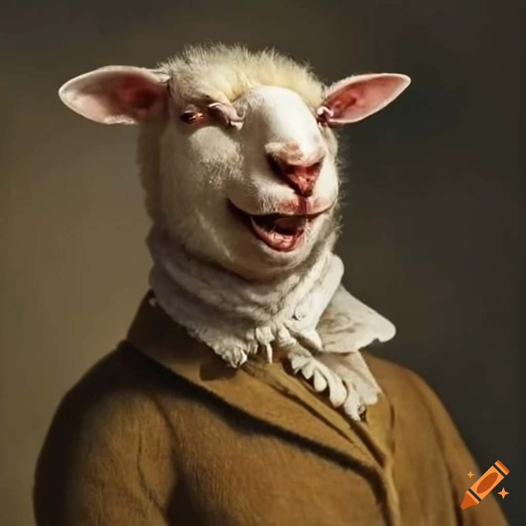 Sheep wearing a 1800's suit and smiling on Craiyon