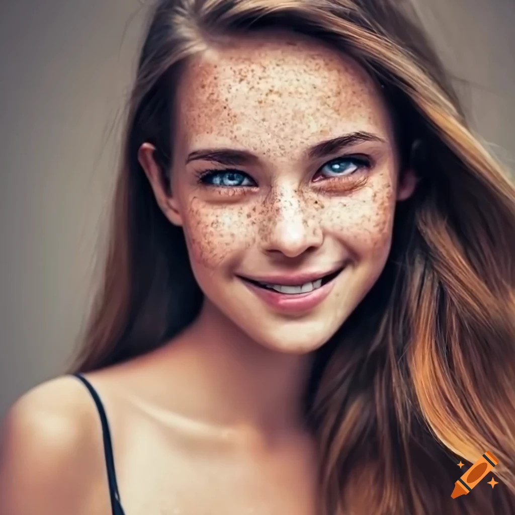 Portrait of a beautiful young woman with freckles on Craiyon