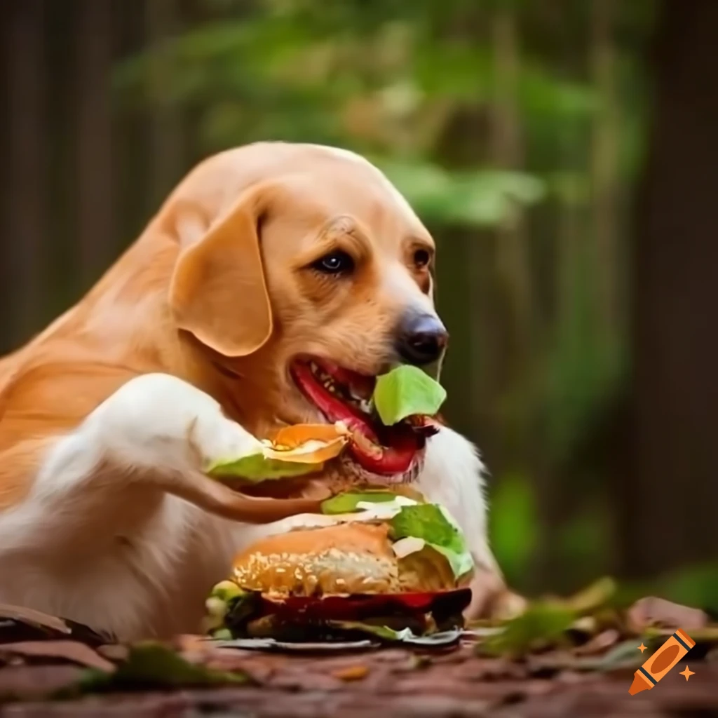 Dog in the forest eating a hamburger on Craiyon