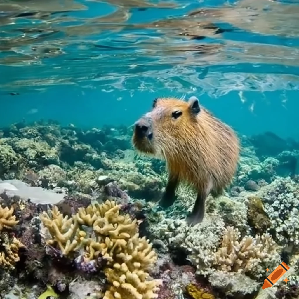 Underwater photo of a capybara surrounded by corals on Craiyon