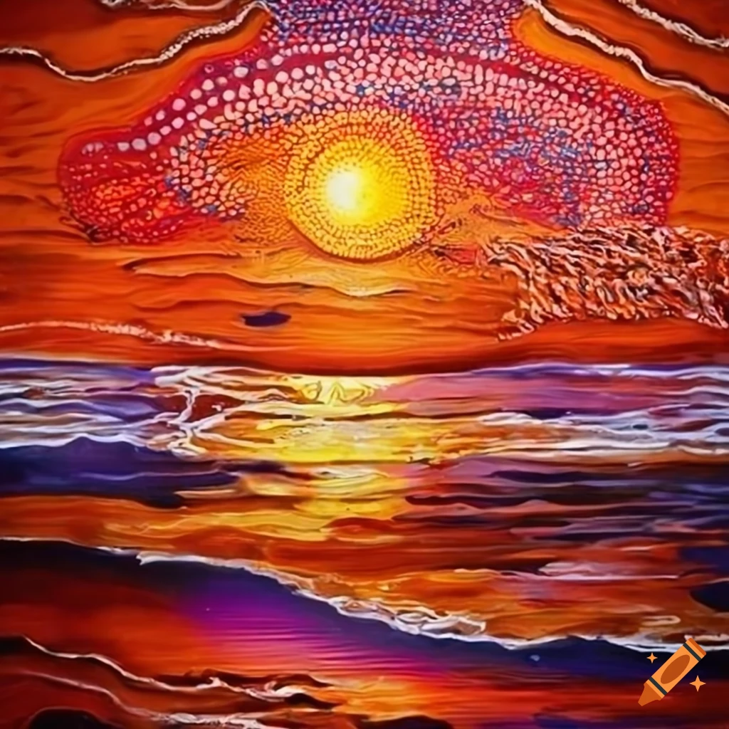 Aboriginal art of a sunset on an ocean island on Craiyon