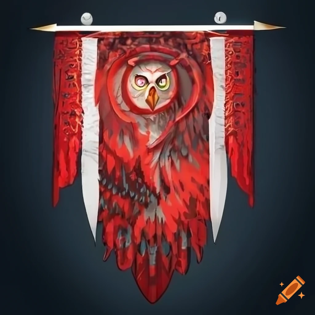 War banner with red blades and silver owl emblem on Craiyon