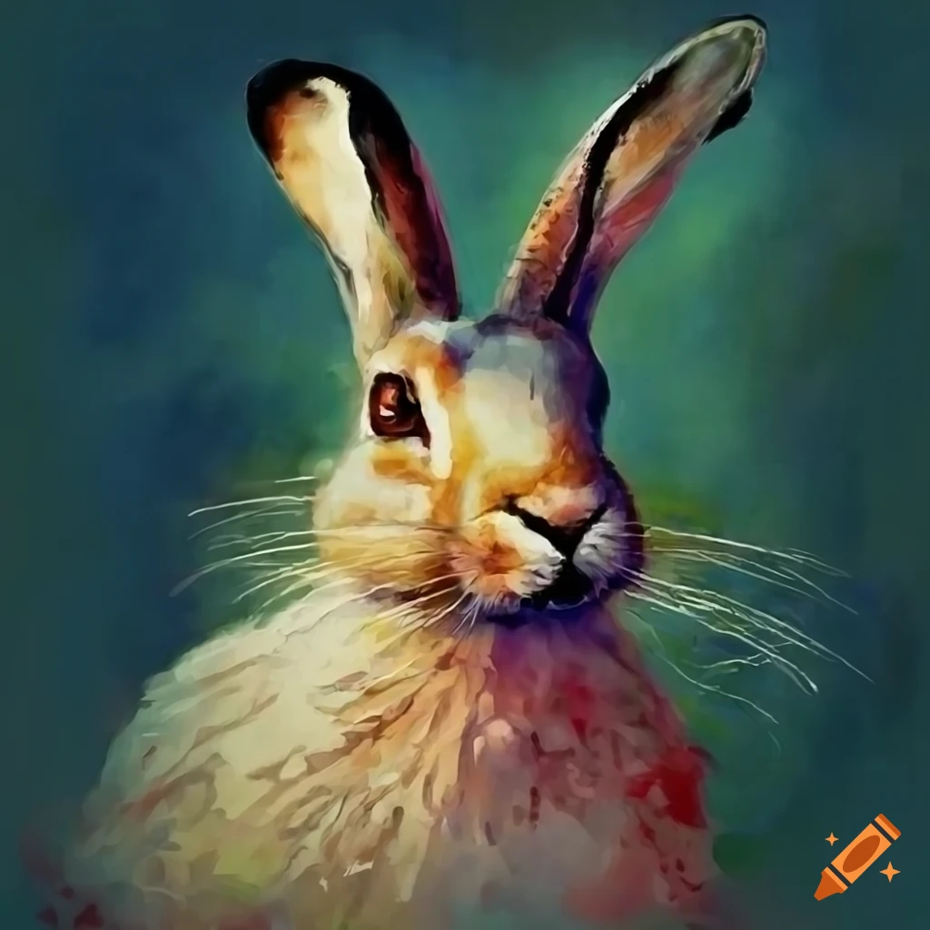Digital painting of a Renaissance-style hare surrounded by winter ...