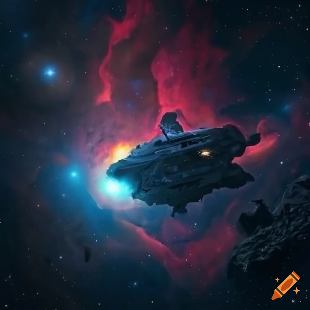 Stone wall cave with a sci-fi space ship flying into a nebula on Craiyon