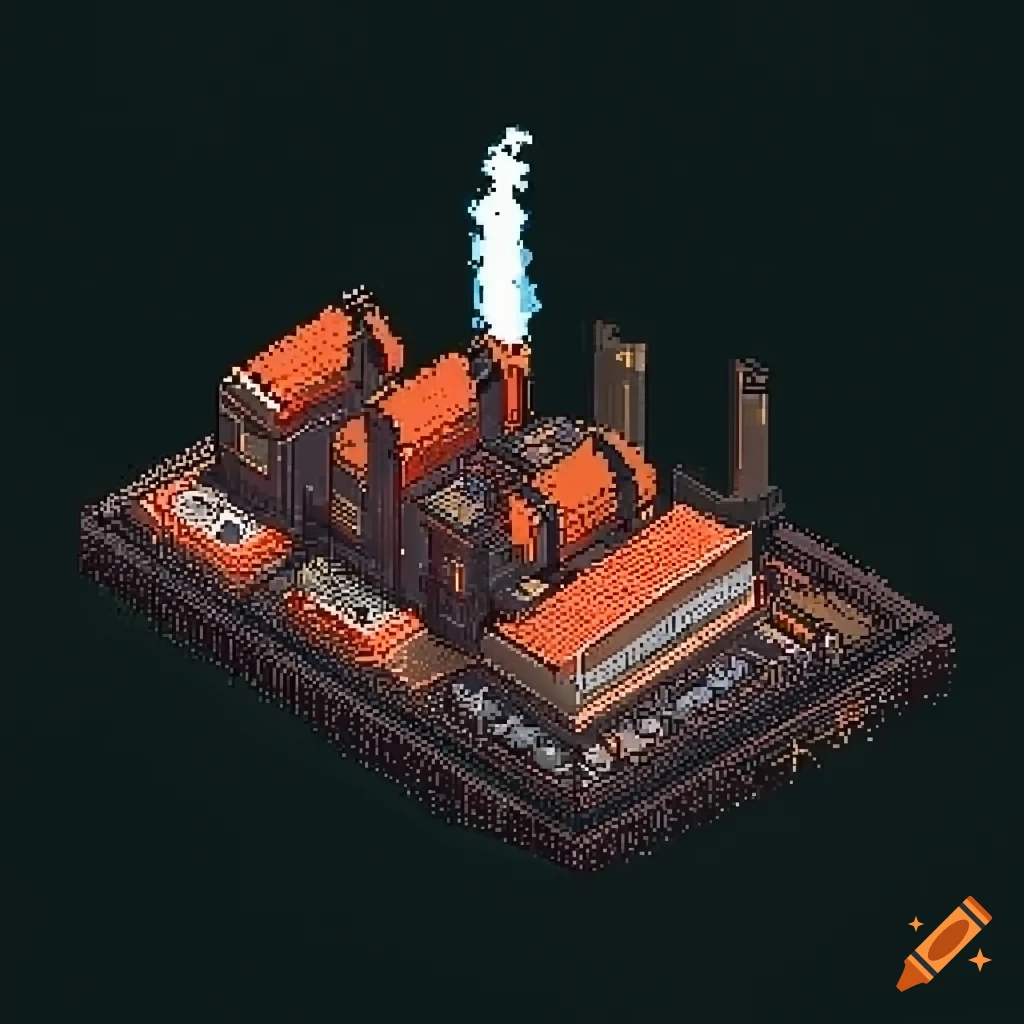 Isometric pixel art of a coal factory on Craiyon