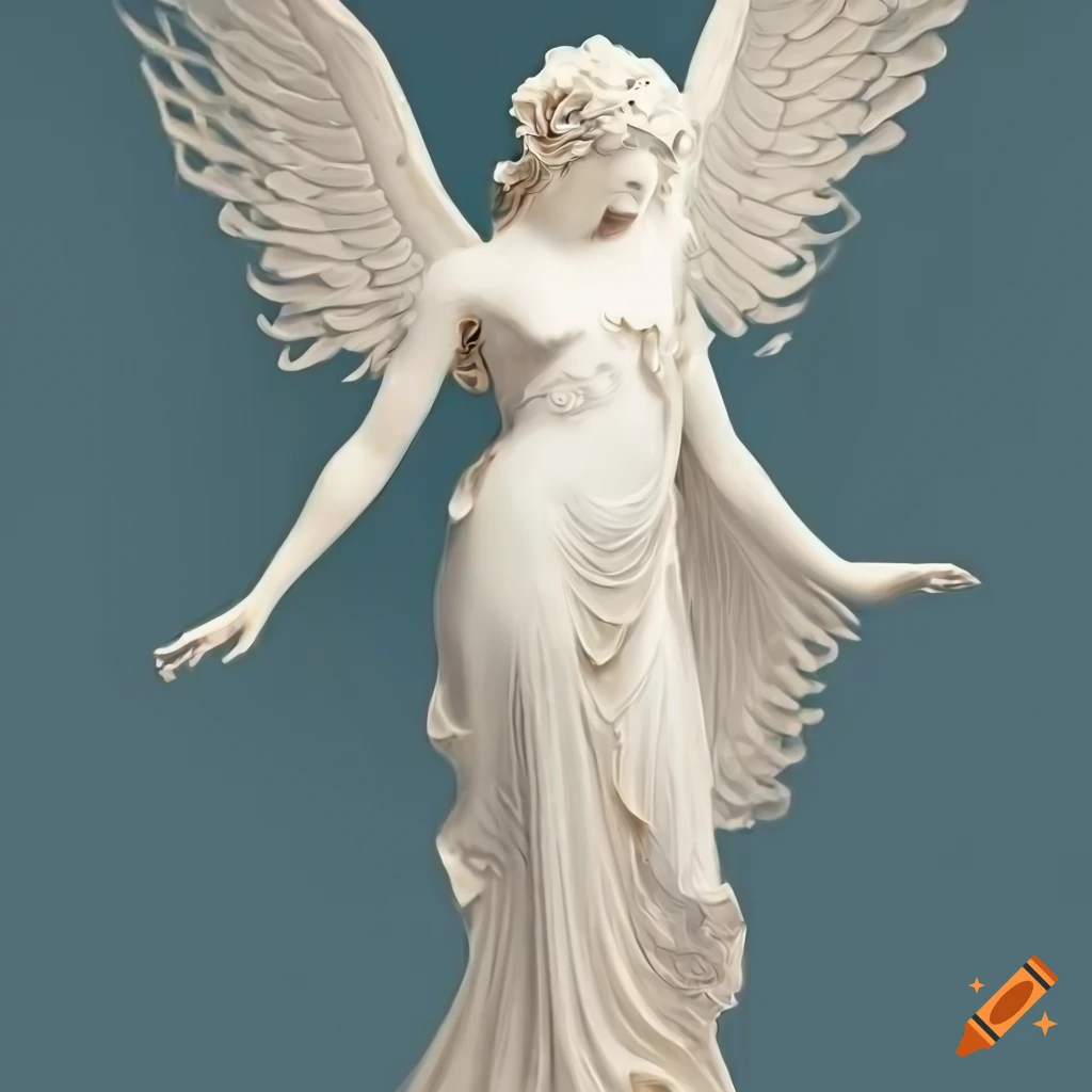 White art nouveau-inspired statue of a goddess with raised wings and a ...