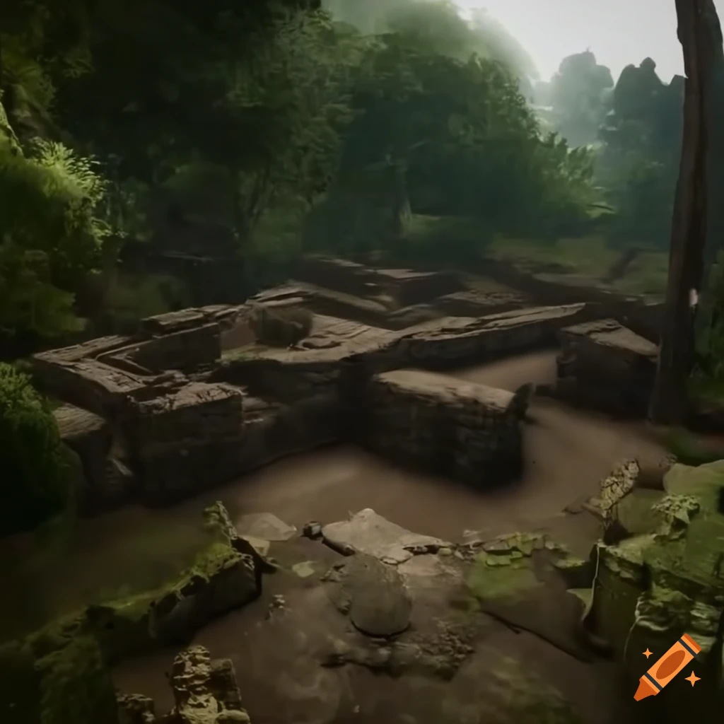 Aerial view of ancient ruins in the jungle on Craiyon