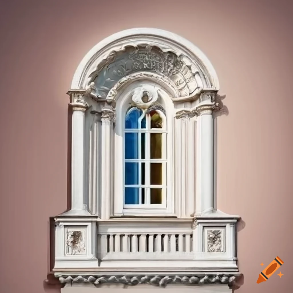 Ornate white palace window with stucco ornaments