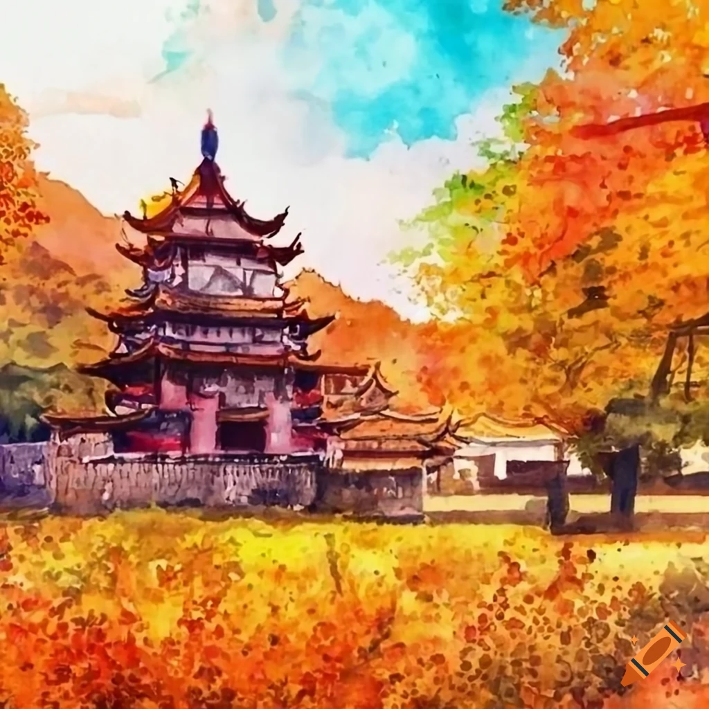 Colorful watercolor of an ancient chinese autumn village on Craiyon