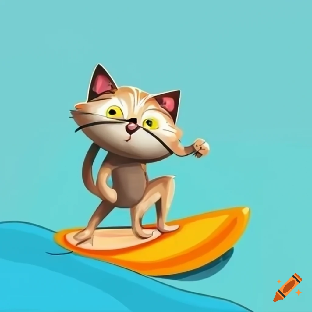 Cartoon cat surfing on a board