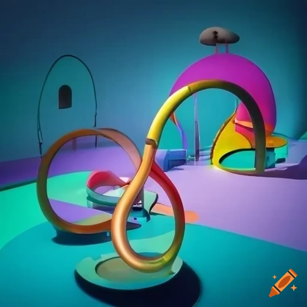 Surrealist colorful playground with glass structures