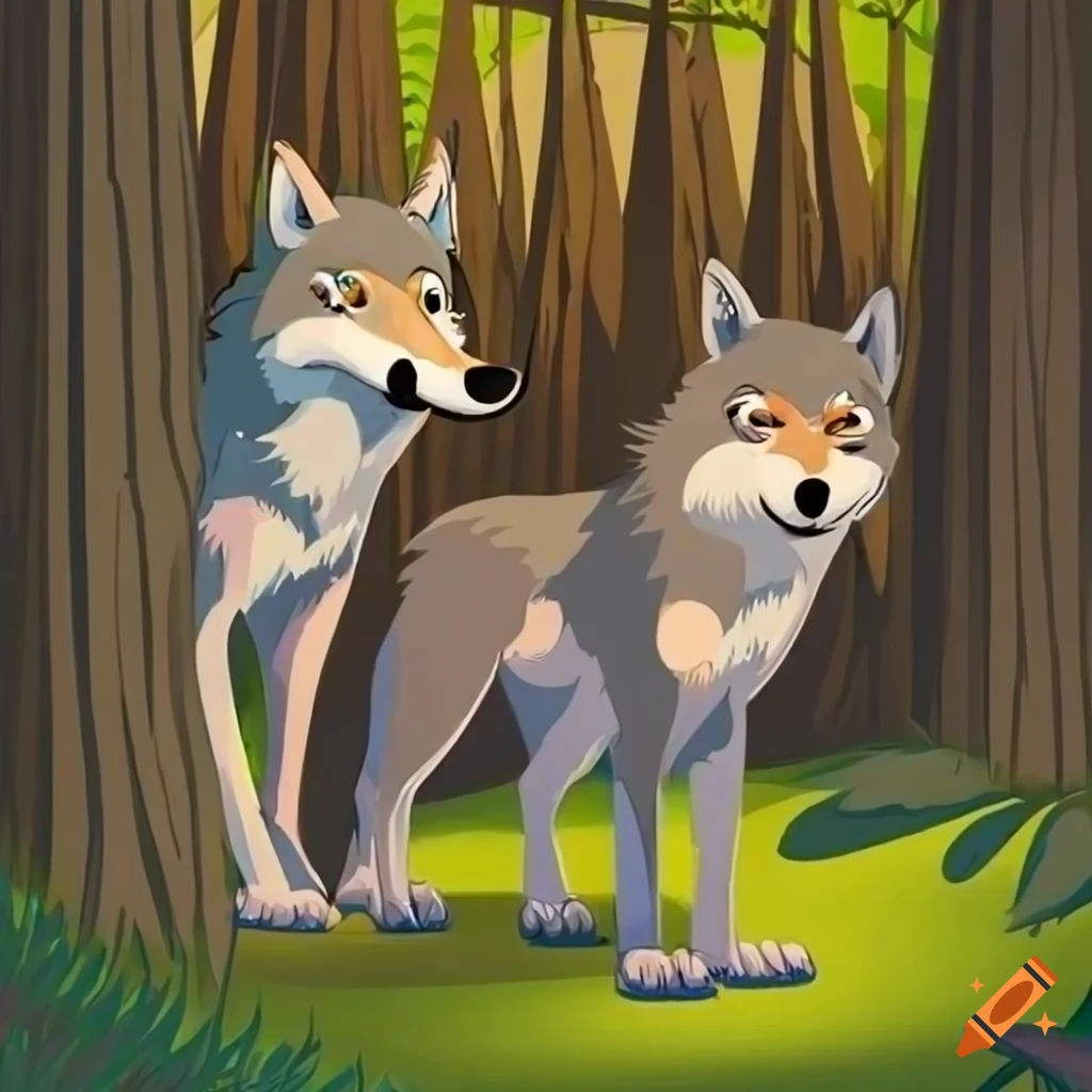 Cartoon wolves in a forest on Craiyon