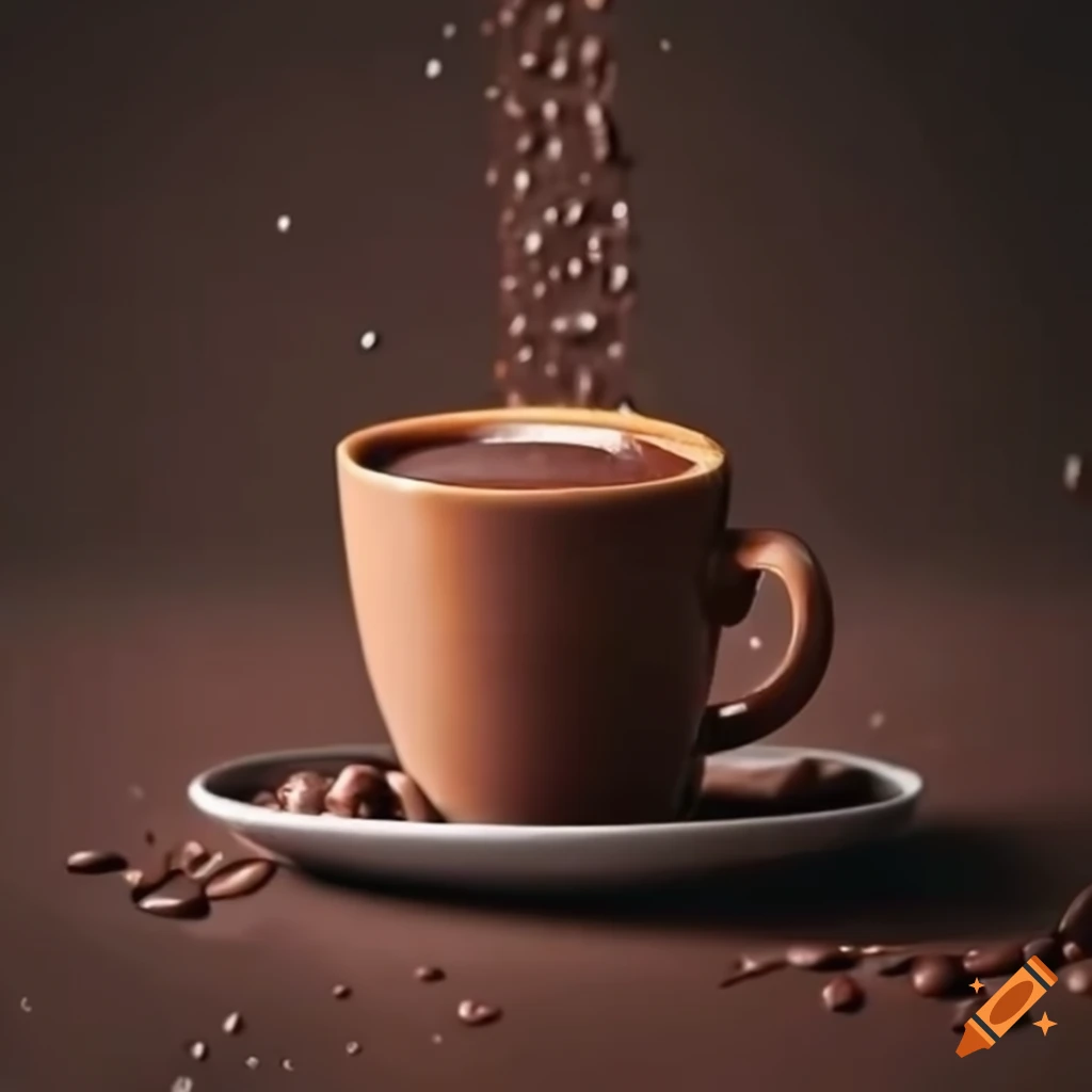 Chocolate bar with coffee beans melting into a cup on Craiyon