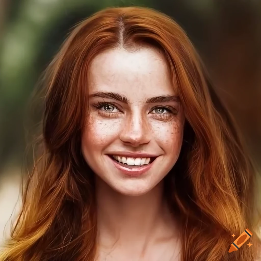Portrait of a beautiful young woman with chestnut hair and freckles on ...