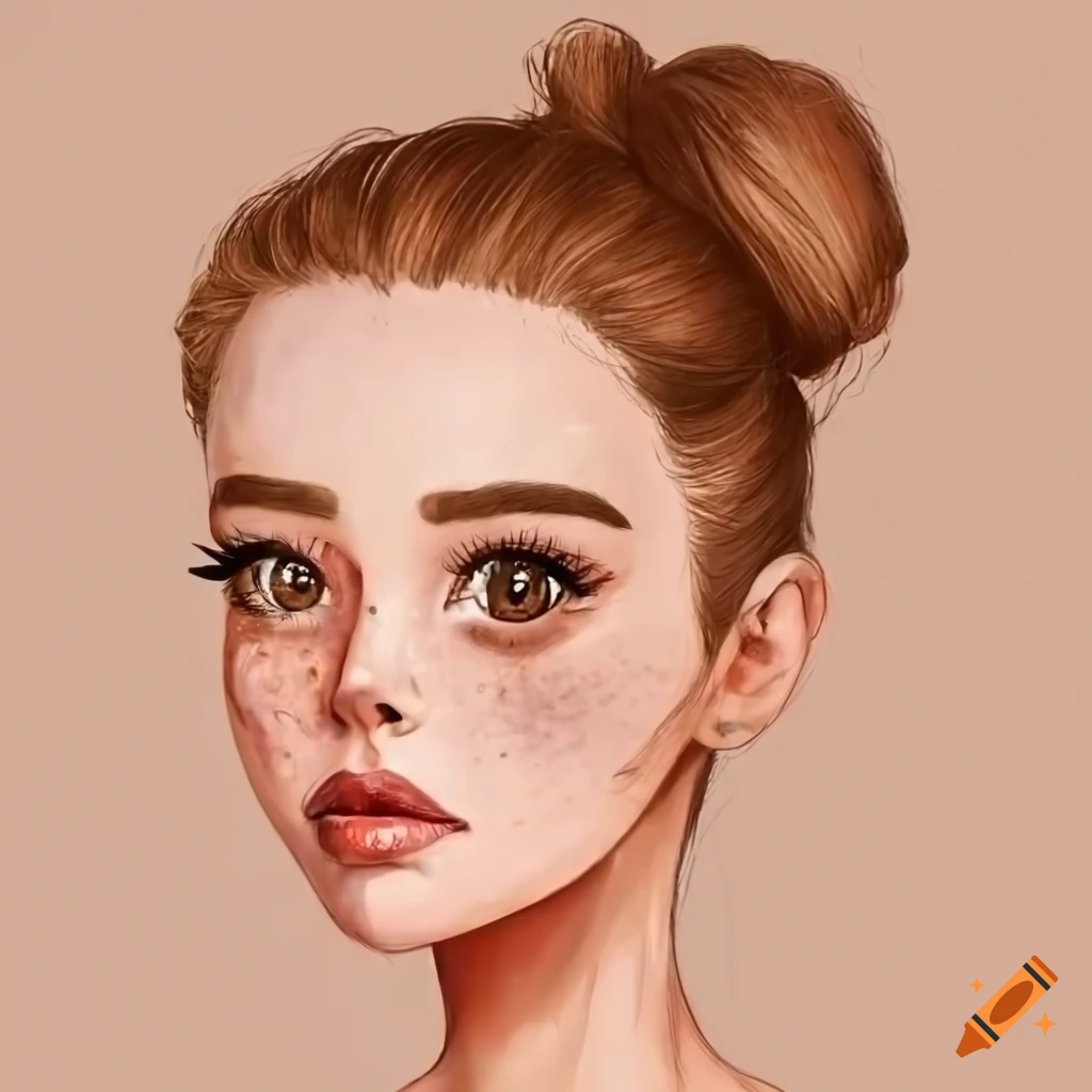 Portrait of a young woman with brown hair and freckles on Craiyon