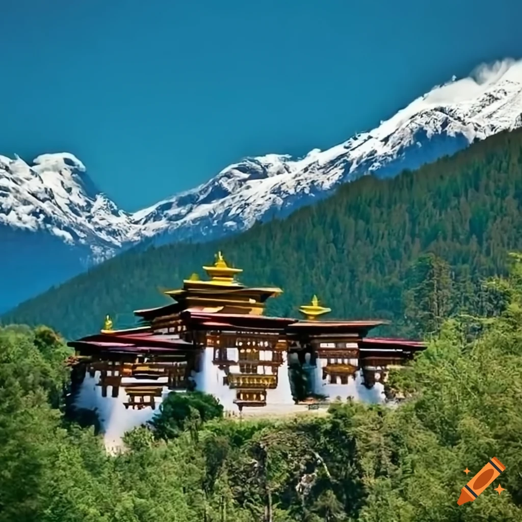 Bhutanese fortress at tigers nest nestled in the mountains on Craiyon