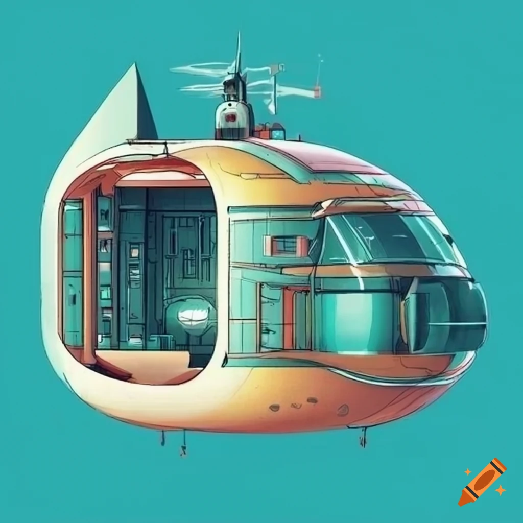 Retro futurism technical drawing of a living pod with landing gear on ...