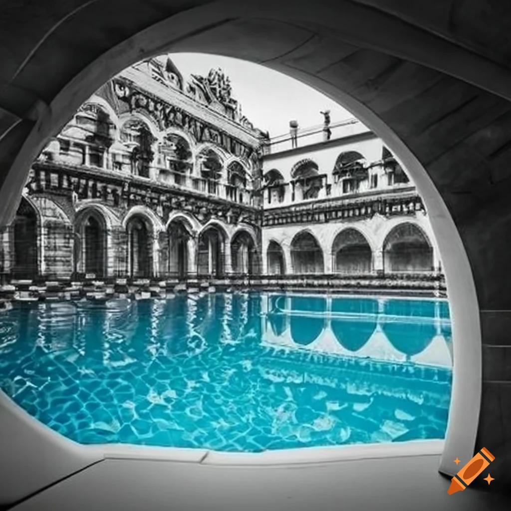 Victorian style bathhouse made of stone, pools of hot water on Craiyon