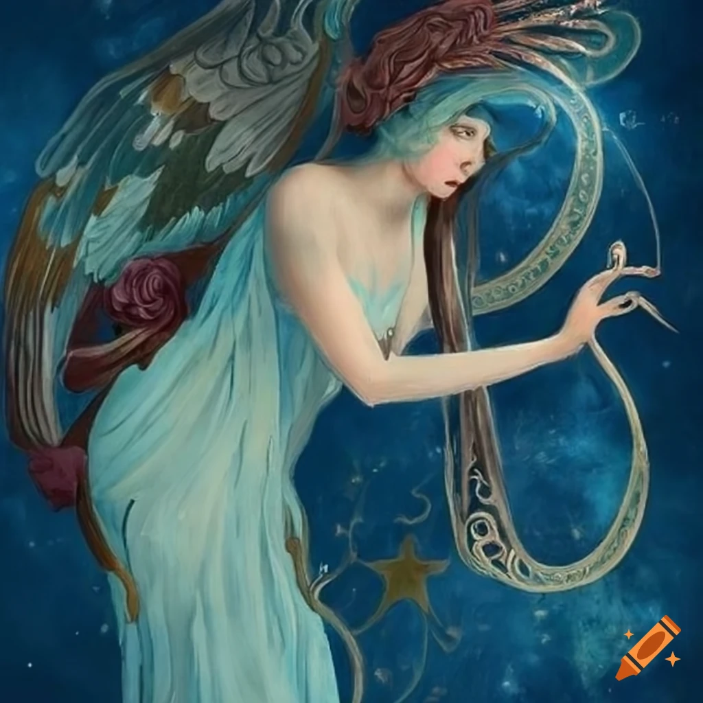 Art Nouveau-inspired composition of two goddesses with a bird and roses ...