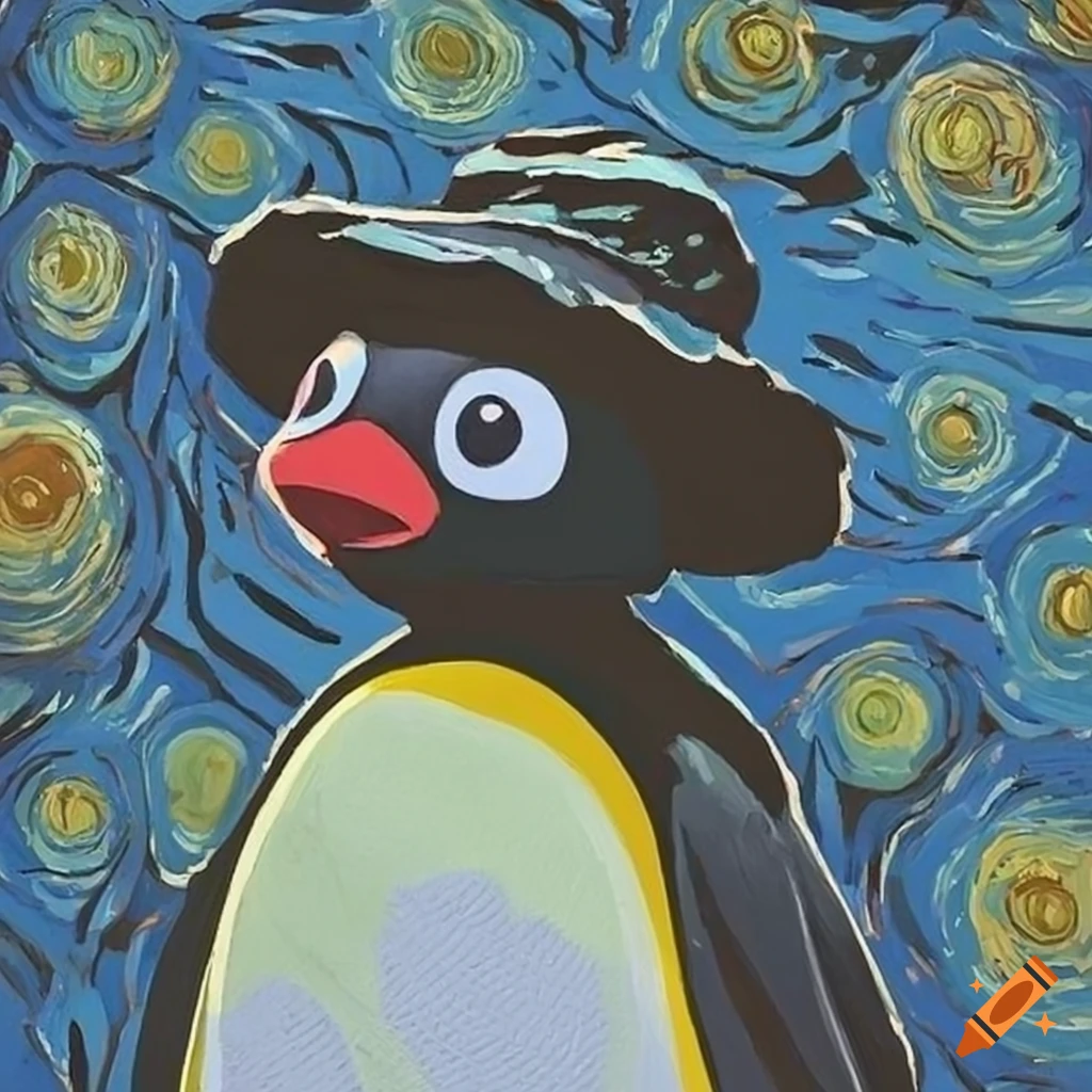 Pingu wearing a bucket hat in van gogh's starry night style on Craiyon