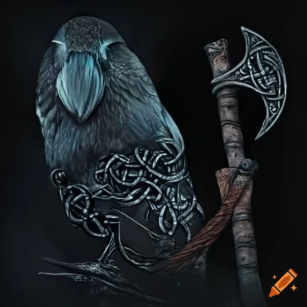 Surreal image of a raven on a viking axe on Craiyon