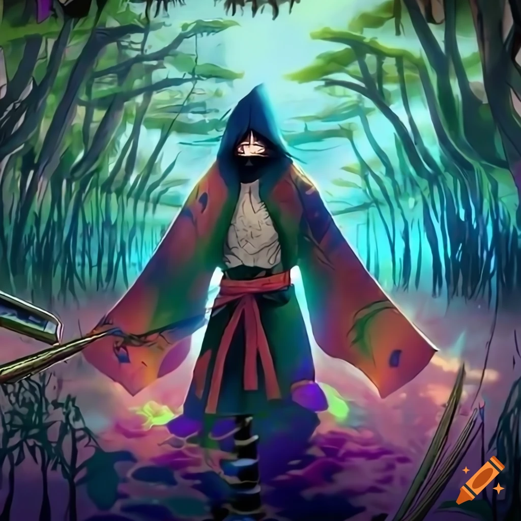 Artistically designed ninja warrior in a forest on Craiyon