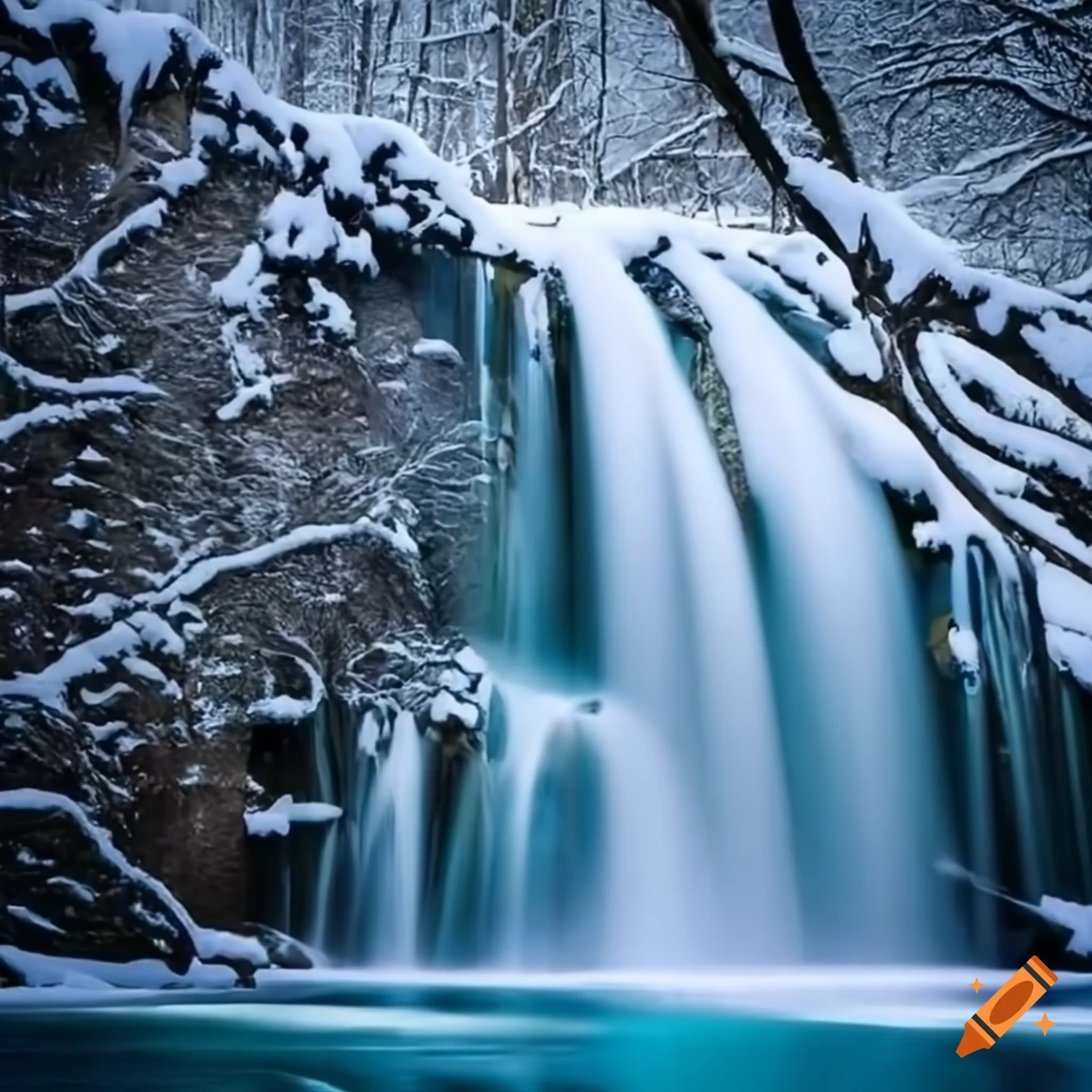 Photo realistic winter scene with snow covered glade and frozen waterfall on Craiyon