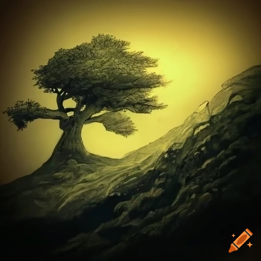 Breathtaking view of a cliff with a large tree on top on Craiyon