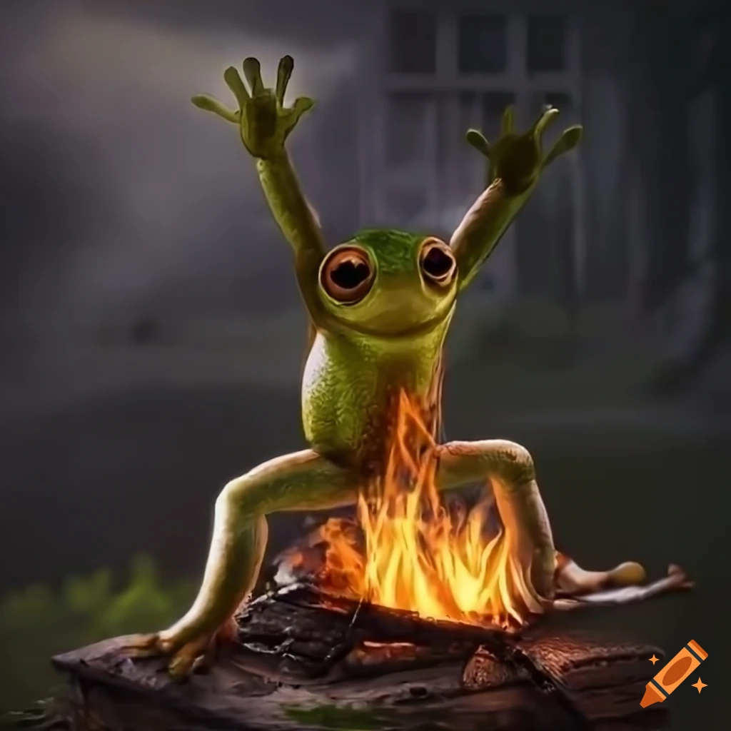 Dark realistic artwork of a frog performing a backflip over a campfire ...