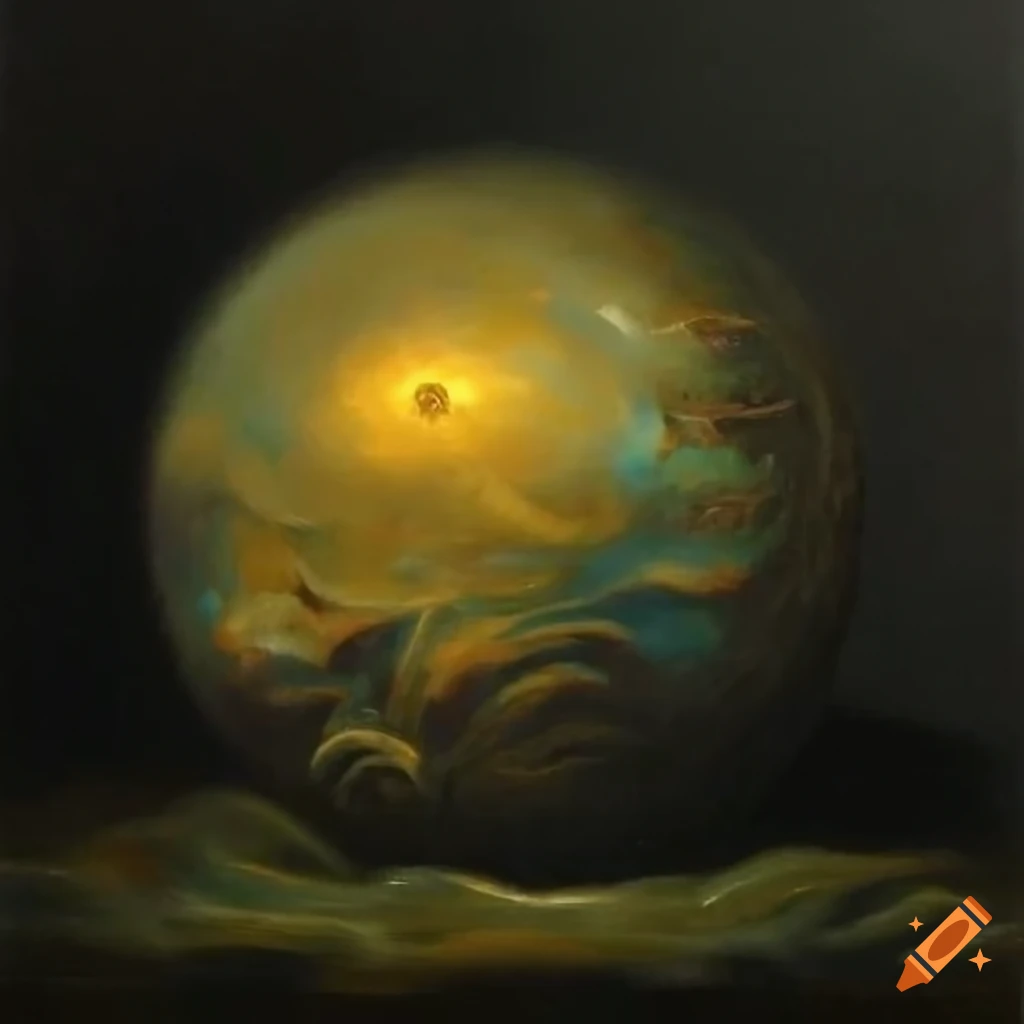Oil painting of a stormy ocean with a metallic alien sphere on Craiyon