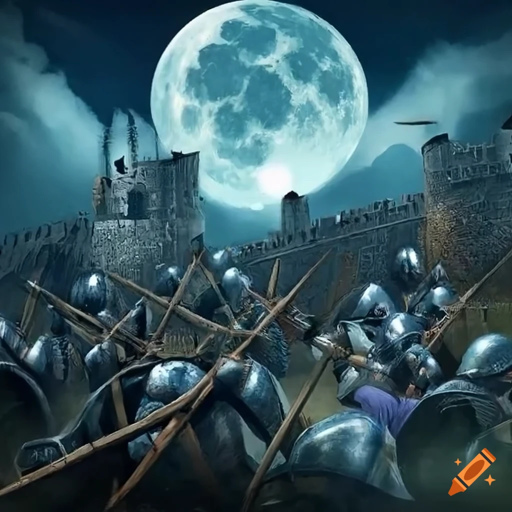 Artwork of a medieval battle under the moonlight on Craiyon