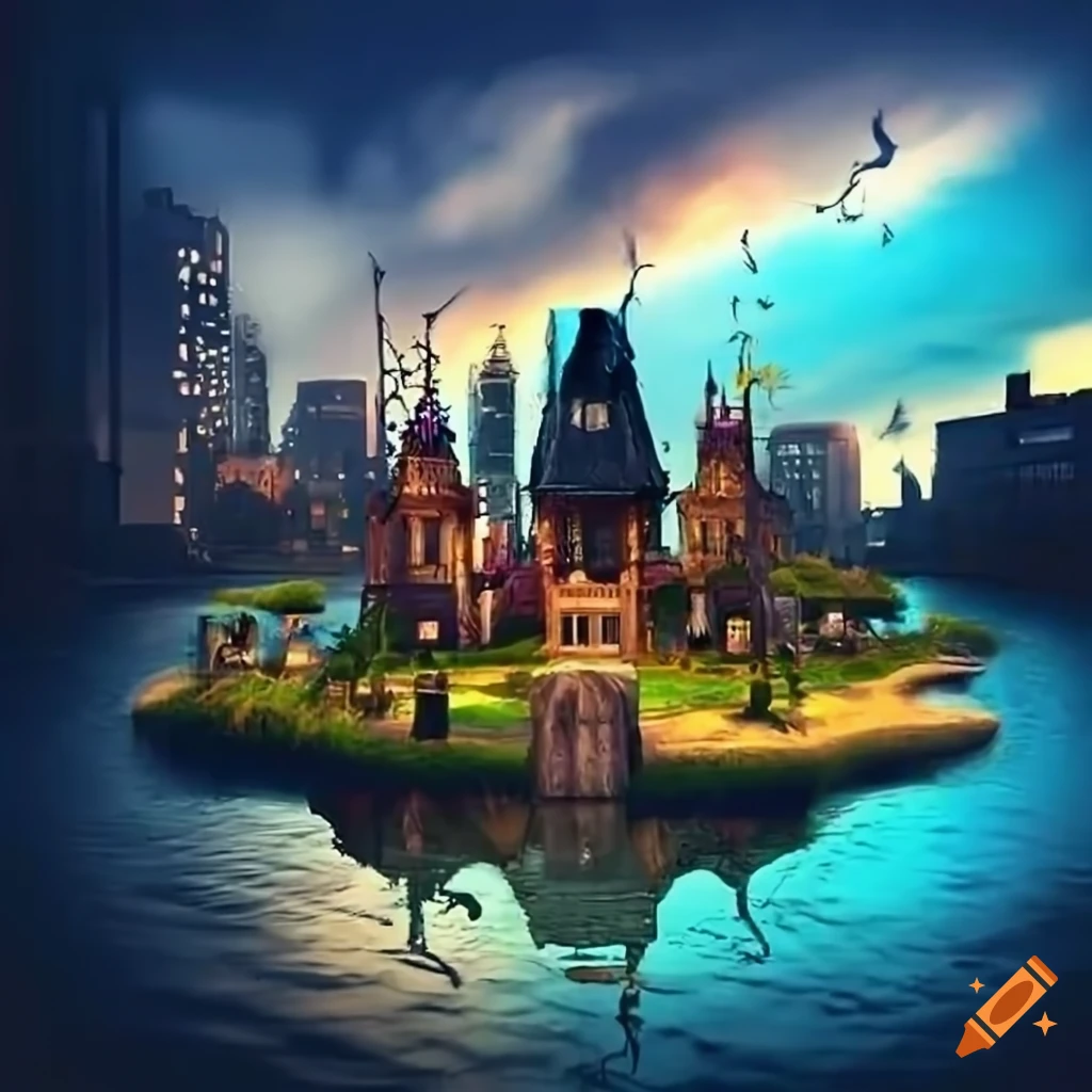 Surrealist urban cityscape with magical elements on Craiyon