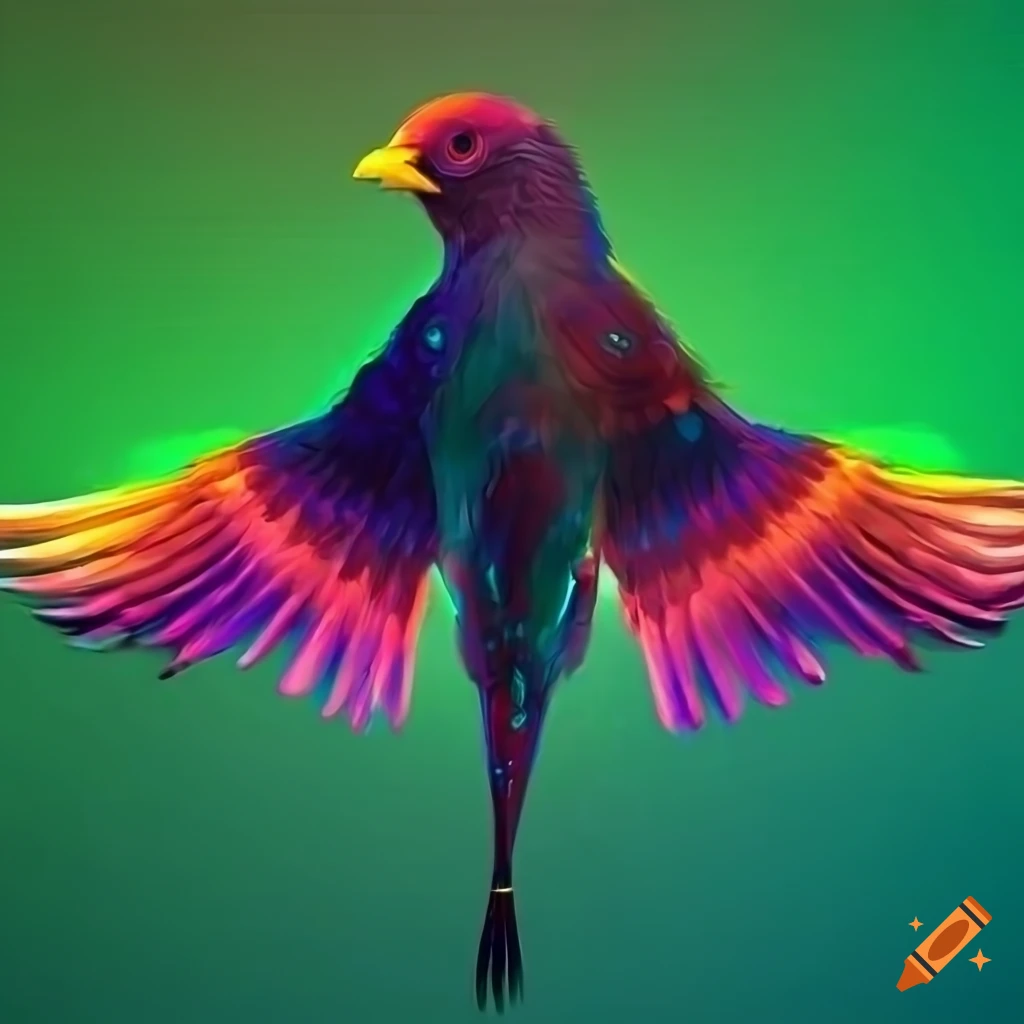 Digital painting of a bird flying over a green background on Craiyon