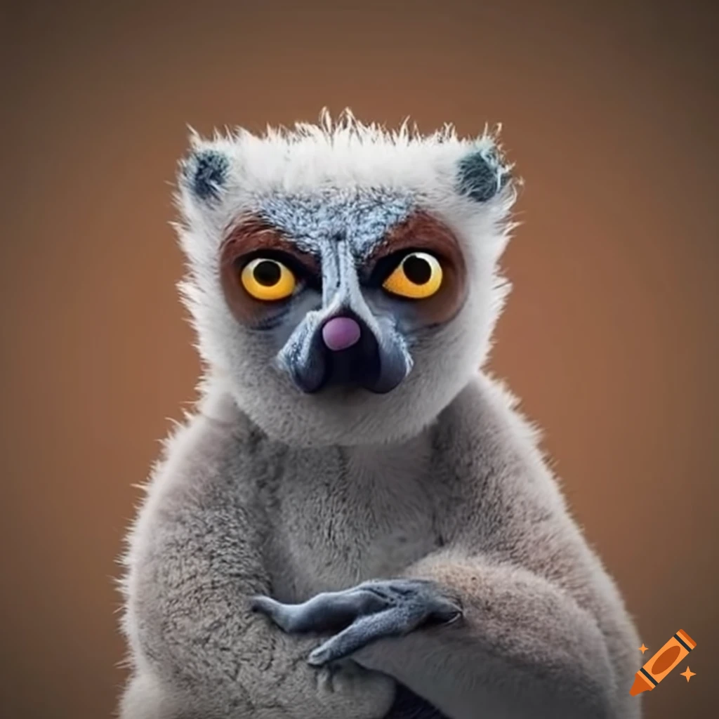 Funny image of a grumpy chubby lemur muppet
