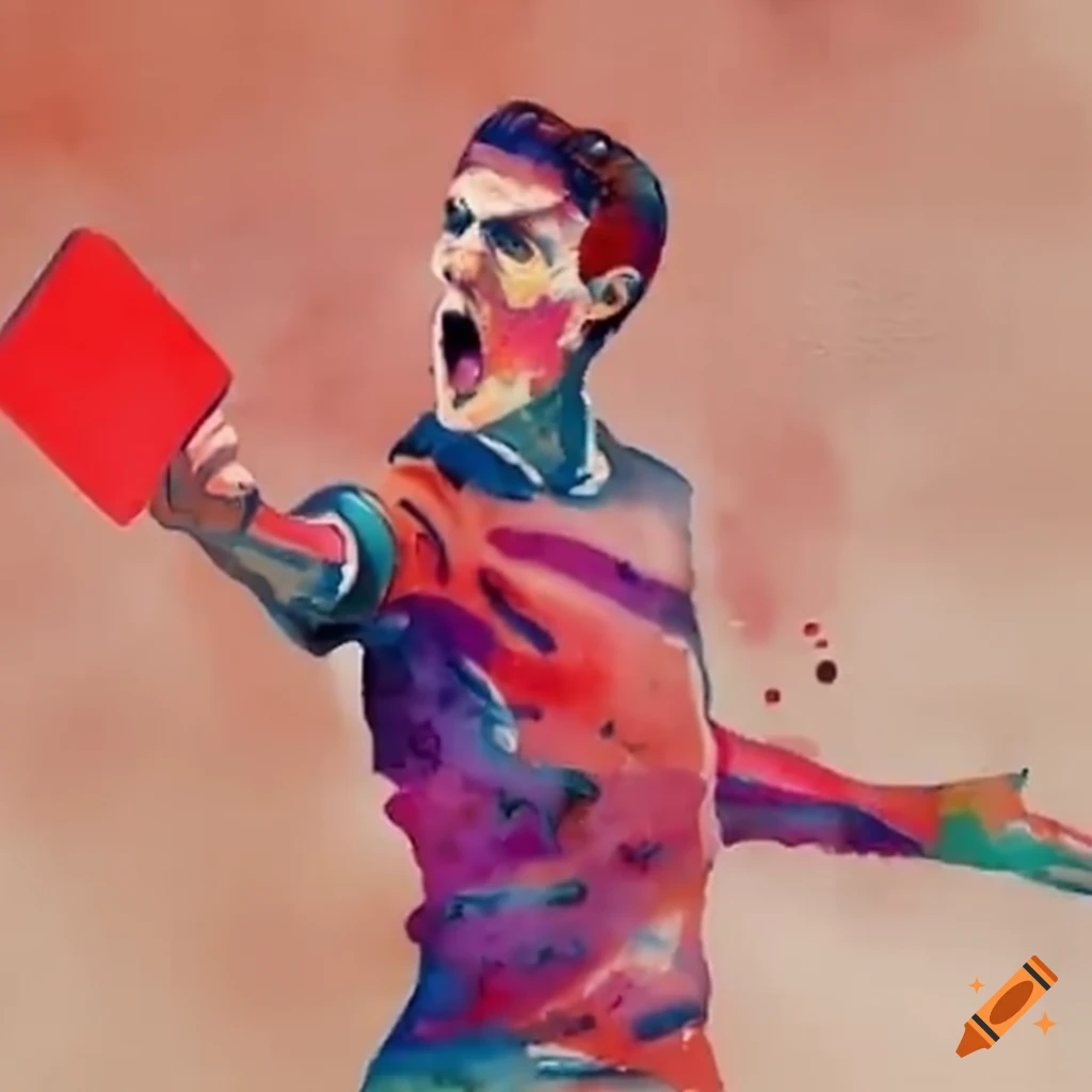 Action shot of a player receiving a red card in soccer on Craiyon