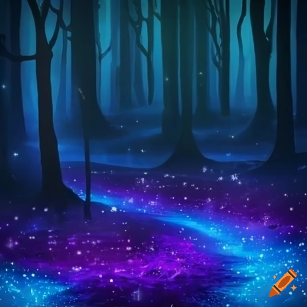 Mysterious flowerfield within a forest with glowing blossoms on Craiyon