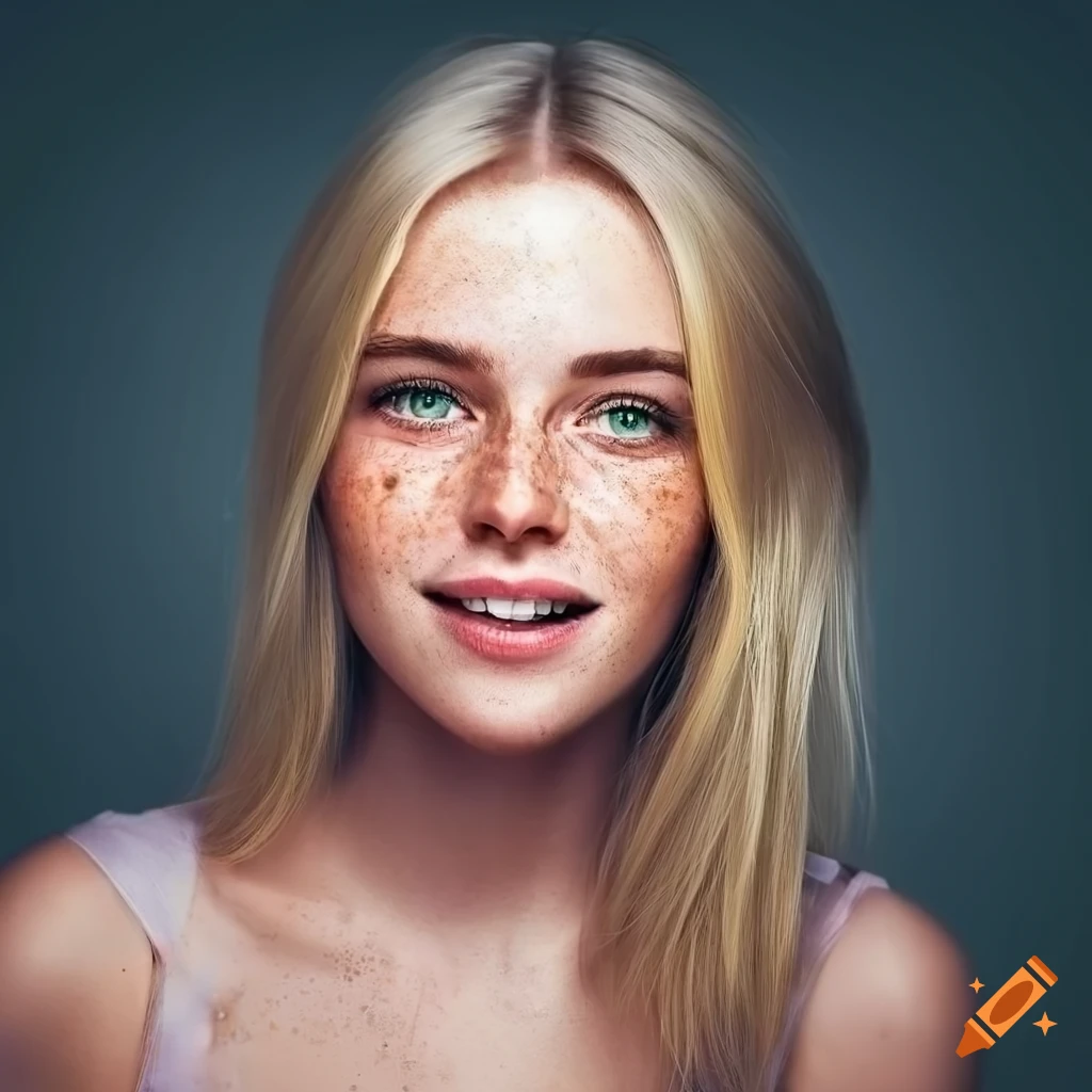 Close Up Portrait Of A Young Woman With Freckles And Light Blonde Hair