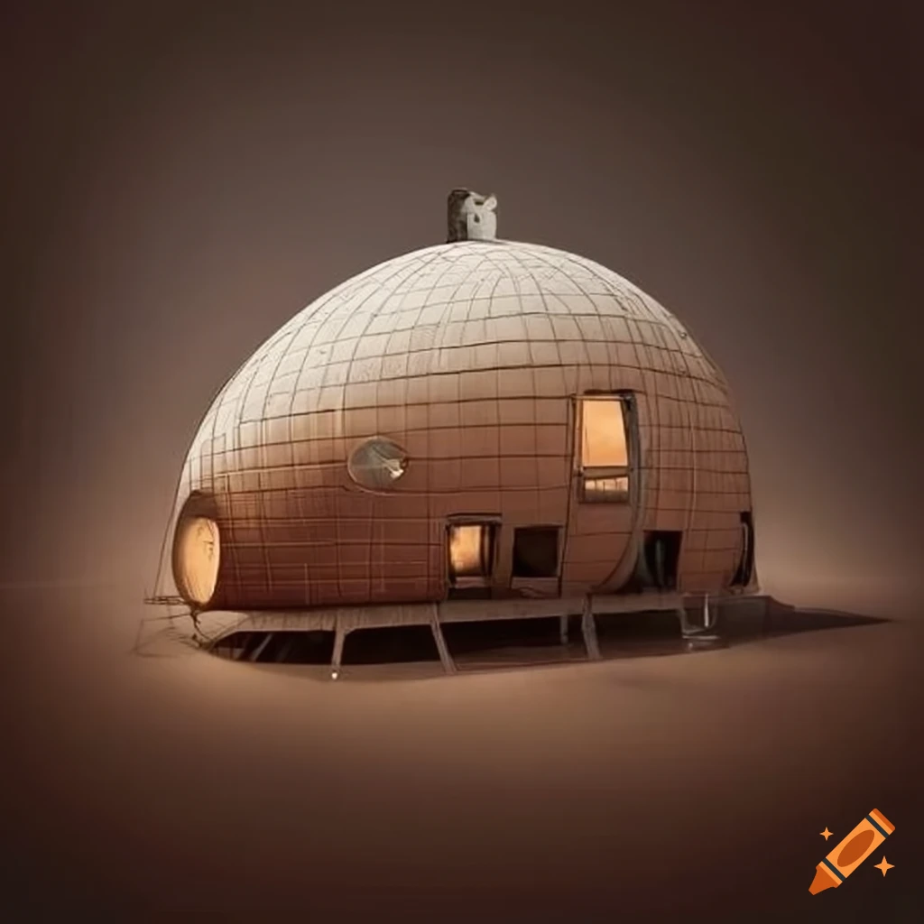 Detailed technical illustration of a futuristic living pod with unique ...