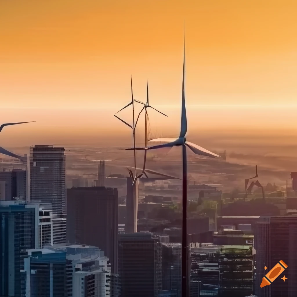 Urban landscape with modern buildings and wind turbines on Craiyon