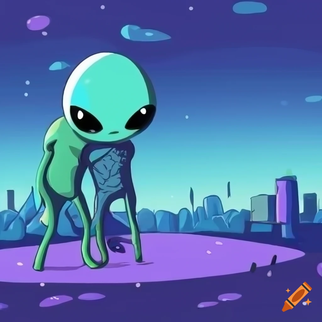 Blue abstract alien figures hugging in a futuristic city on Craiyon