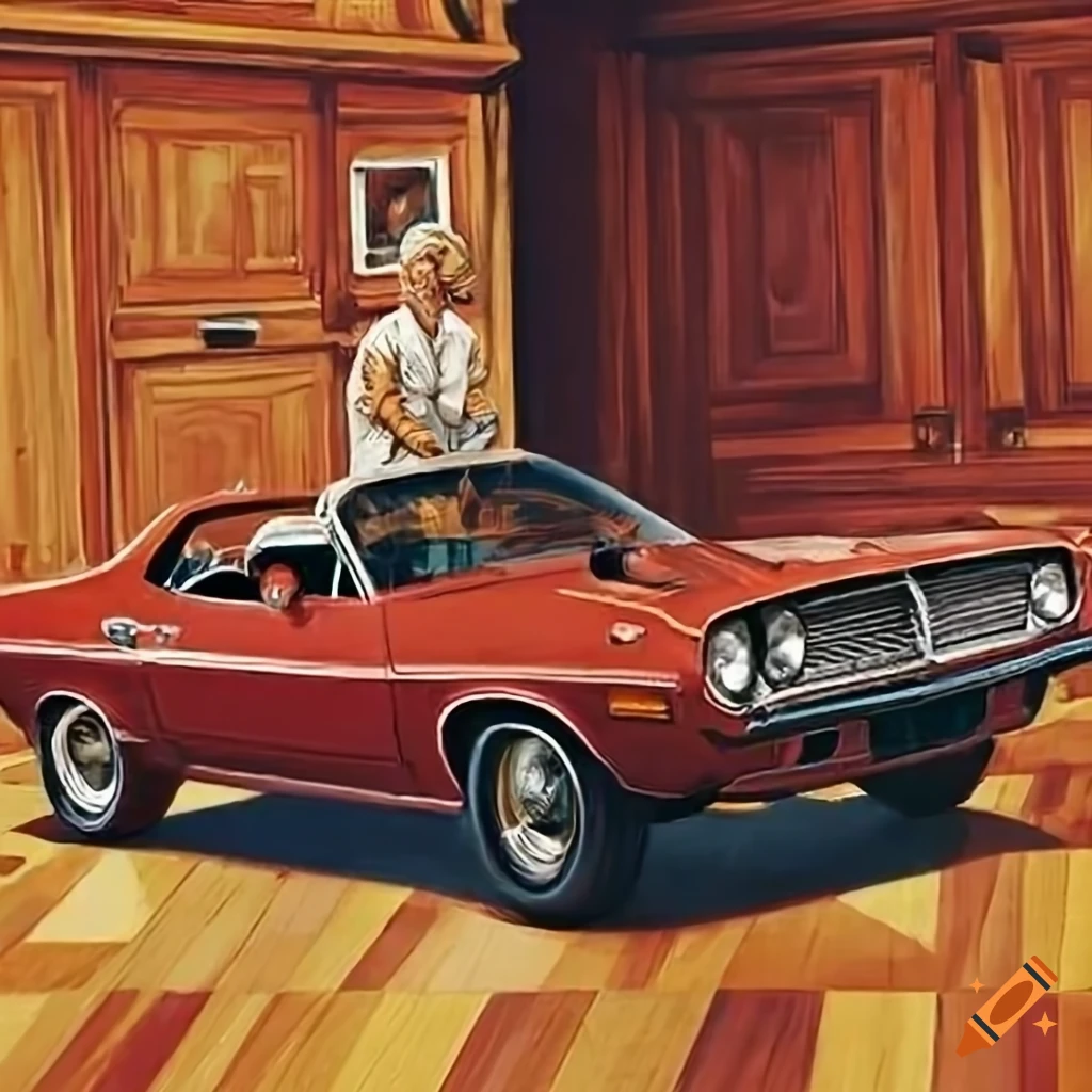 Norman Rockwell style art of a horse furry mechanic with Plymouth Cuda ...