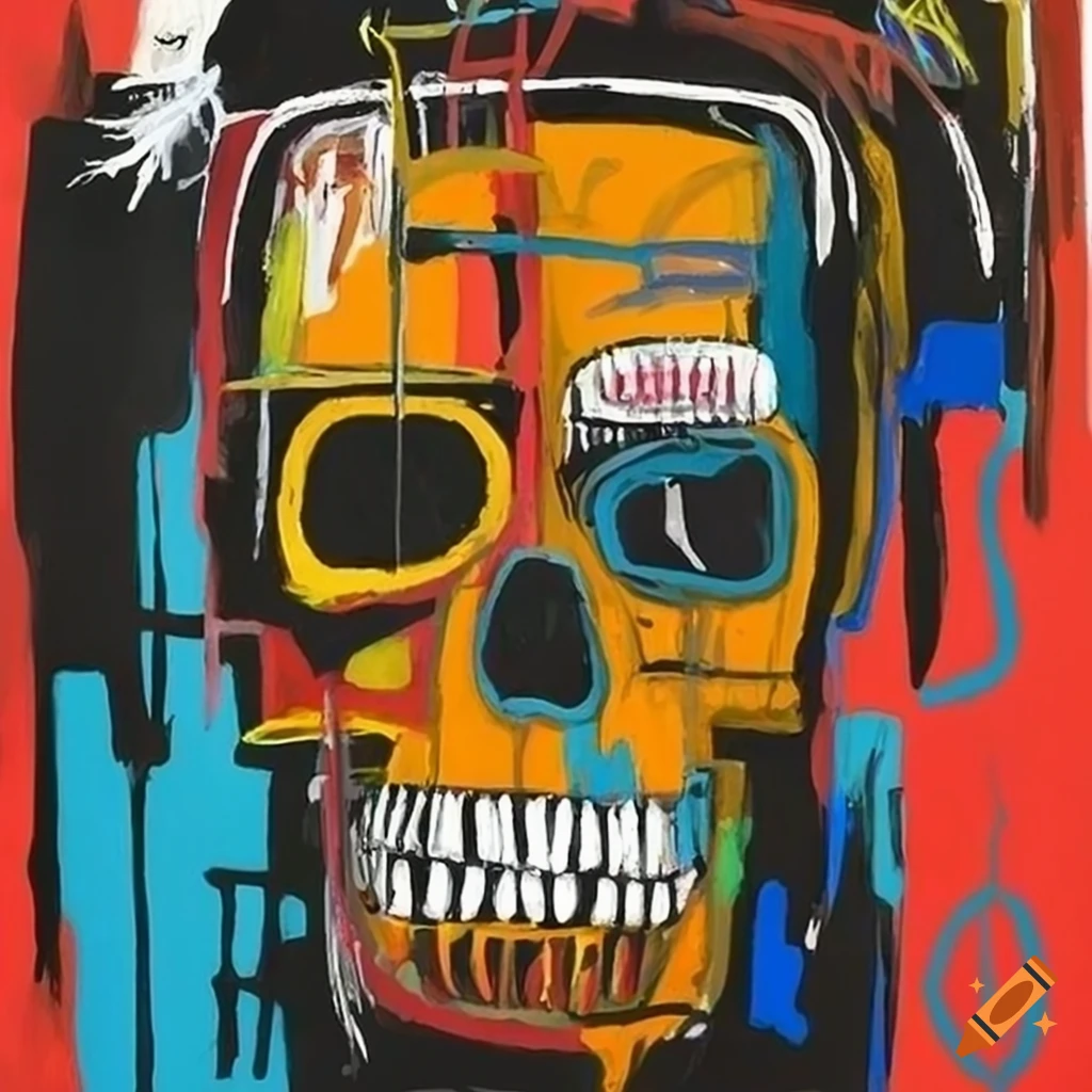 Paintings of skulls with basquiat symbols