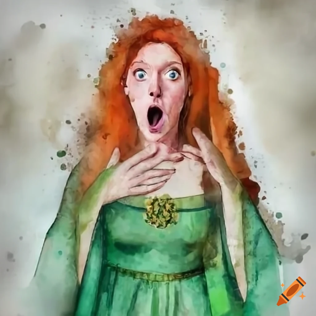 Redheaded Woman In Medieval Green Dress With A Shocked Expression